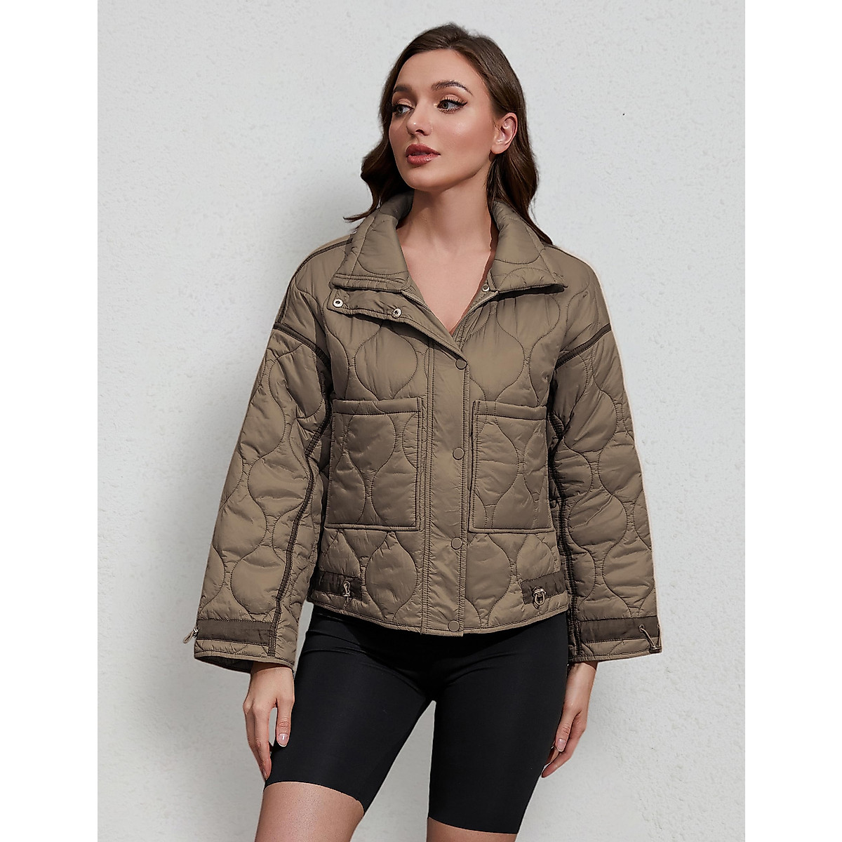 Seetaa Quilted Puffer Jacket Womens Stand Collar Full-Zip Outerwear Puffy Coats Jacket with Pockets(Brown-XL)