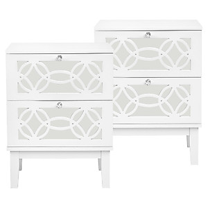 VINGLI White Nightstand Set of 2, Nightstands with Mirror Front Drawers, Bed Side Table/Night Stand, Modern Nightstand, Mirrored Nightstand with Drawer for Bedroom, Kids’ Room, Living Room, Wood
