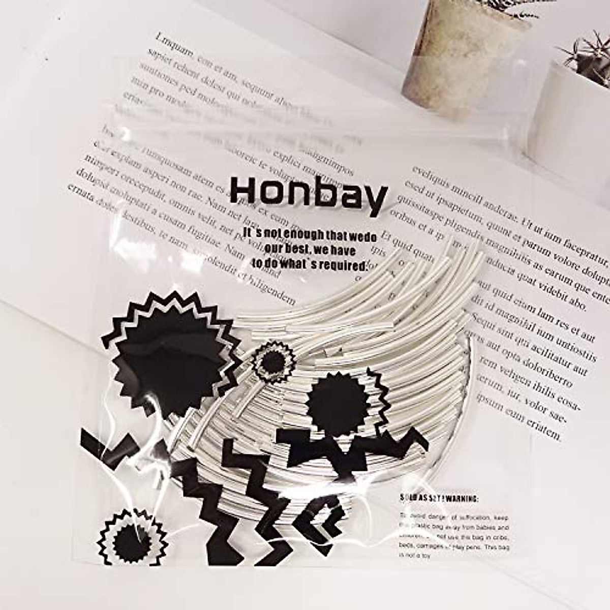 Honbay 50PCS Metal Long Tube Beads Silver Plated Curved Noodle Tube Spacer Beads for Jewelry Craft Making (3x50mm)