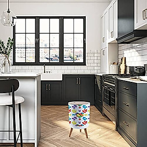 Trash Can with Lid Seamless with Colorful Jigsaw Puzzles and Heart on White Watercolor Wood Small Garbage Bin Waste Bin for Kitchen Bathroom Bedroom Press Cover Wastebasket 7L/1.8 Gallon