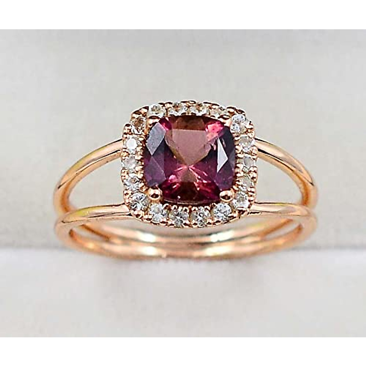Natural Pink Tourmaline 7 MM Cushion Cut Gemstone 925 Sterling Silver October Birthstone Solitaire Unisex Ring For Christmas Gift (Rose Gold Rhodium Plated Silver, 8.5)
