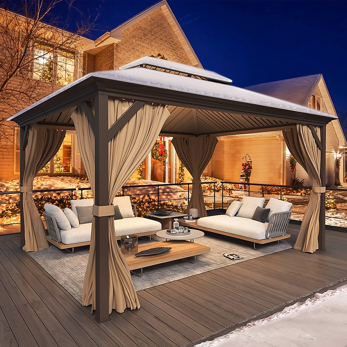 YOLENY 12x14FT Hardtop Gazebo, Galvanized Steel Double Roof Canopy with Netting and Curtains, Permanent Metal Pavilion Gazebos with Aluminum Frame for Patio Backyard Deck and Lawns