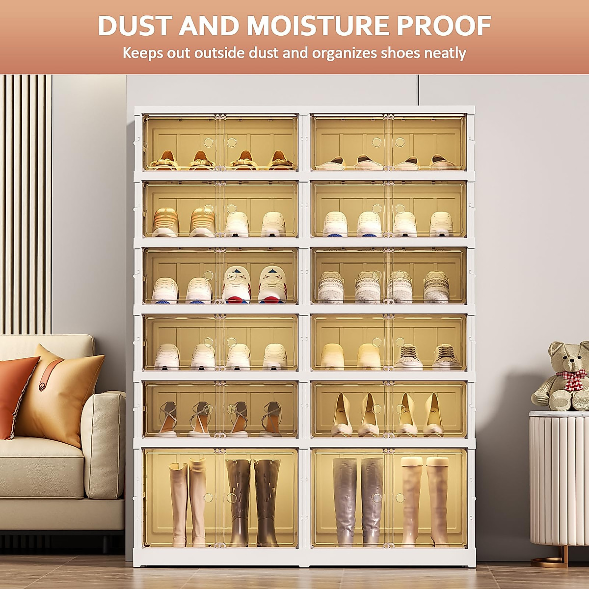 SYNCVIBE Portable Shoe Rack Organizer 6 Tier 24 Pairs Foldable Shoe Box with Doors, Large Folding Cabinet Bins.Stackable Plastic Shoe Box, Storage Shoe Cabinet for Hallway, Living Room, Closet