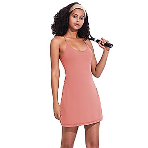 Women's Exercise Workout Dress with Built-in Bra & Shorts Sleeveless Tennis Golf Athletic Dress with Pockets Pink S