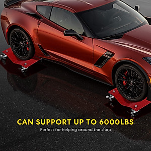 VIVOHOME Heavy Duty Vehicle Mover Dolly of 4 Piece, Wheel Dolly Car Stakes 6000lbs Capacity, Car Roller Dolly Moving Cars, Trucks, Motorcycles, Red