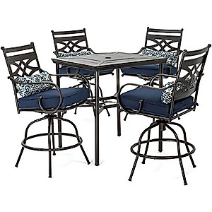 Hanover 5-Piece High Navy Blue Montclair Weather Outdoor Counter-Height Patio Dining Set, 4 Cushioned Swivel Chairs and 33" Square Stamped Rectangle Table