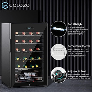 COLOZO 17 inch Wine Cooler Refrigerators Freestanding Under Counter Compact Bar Beverage Fridge 24 Bottle Countertop Double-Layer Tempered Glass Door Wine Cellars with Professional Compressor