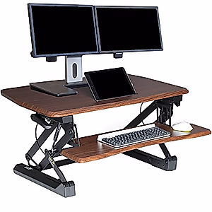 Seville Classics AIRLIFT 36" Gas-Spring Height Adjustable Standing Desk Converter Workstation Ergonomic Dual Monitor Riser with Keyboard Tray and Phone/Tablet Holder, Walnut