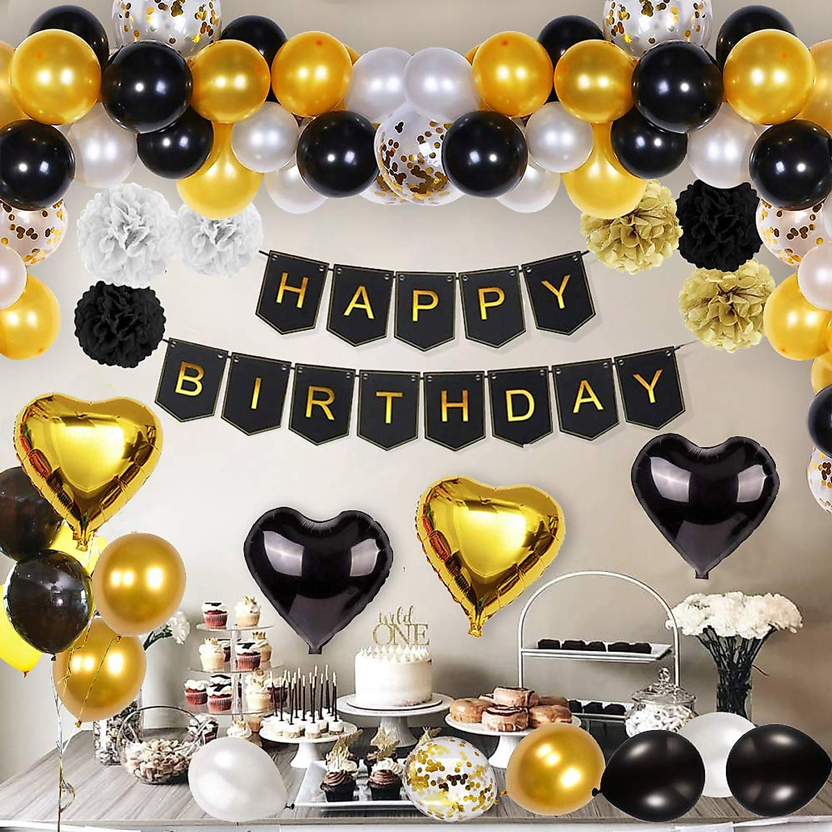 Black and Gold Party Decorations Happy Birthday Confetti Balloons with Banner,Star Heart Foil Balloons,Paper Pompoms for18th 20th 30th 40th 50th 60th 70th Birthday Decorat (Black and Gold)