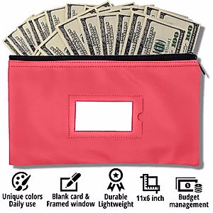 Money Bank Deposit Bag with Zipper | 11x6 inch | Pink | Durable Leatherette Money Cash Coin Check Wallet Pouch for Men & Women with Framed ID Window and Blank Card | by GIDABRAND (5)