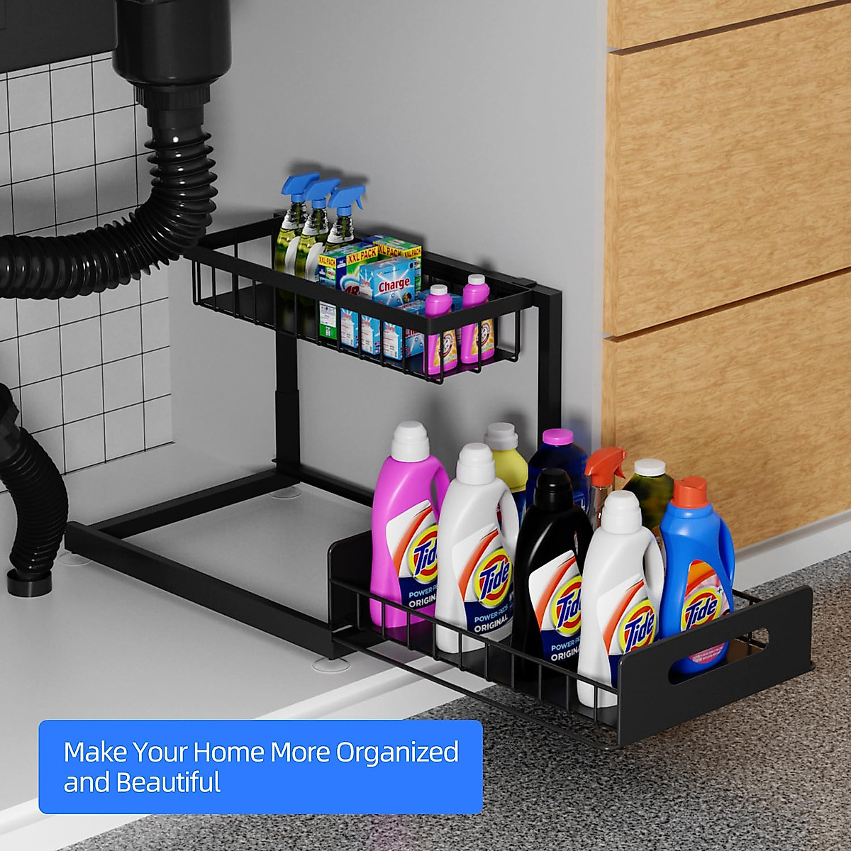 2-Tier Under Sink Slide Out Organizer, Pull Out Cabinet Storage Shelf with Sliding Storage Wire Basket Drawer for Bathroom Kitchen, Countertop or Pantry Storage shelf, Black