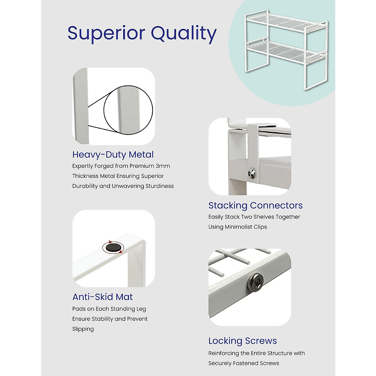 2 Pack Stackable Kitchen Cabinet Shelf Organizer Rack – Countertop Storage for Pantry, Bathroom, Office, Space Saving, Rust Resistant, Non-Slip, White, 20" L x 8.25" D x 7.3" H Each, 14.6" H Stacked