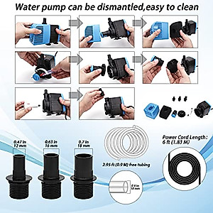 HUWLUIWA 160GPH Submersible Water Pump with 3.3 ft Tube & Filter Sponge,12W Mini Ultra Quiet Fountain Water Pump with 3 Nozzles for Aquariums, Pond, Fish Tank, Water Feature