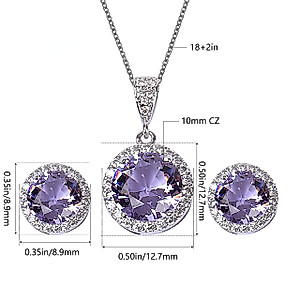 AMYJANE Amethyst Jewelry Set for Bridesmaids - Sterling Silver Round Purple Cubic Zirconia Crystal Bridal Pendant Necklace Earrings Set for Wedding Bride Bridesmaids