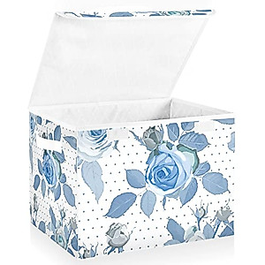 Kigai Storage Basket Blue Rose Storage Boxes with Lids and Handle, Large Storage Cube Bin Collapsible for Shelves Closet Bedroom Living Room, 16.5x12.6x11.8 In
