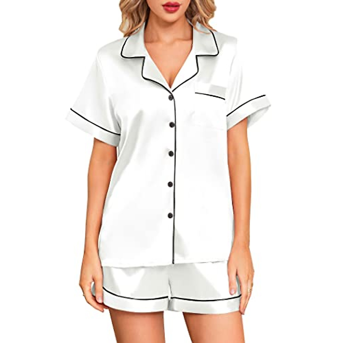 Senert Satin Pajamas Women's Short Sleeve Sleepwear Soft Silk Button Down Loungewear Pjs Shorts Set with Pockets White,X-Large