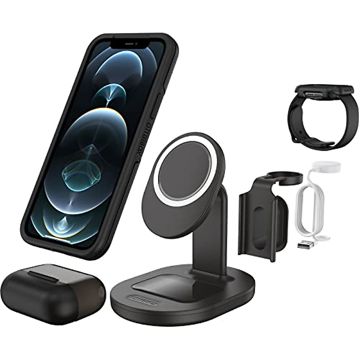 OtterBox Wireless 3 in 1 MagSafe Charging Stand, Strong Magnetic Alignment and Attachment with MagSafe, Sleek Multi-Devicie Charging Station for iPhone, AirPods and Apple Watch, Black