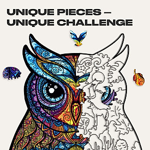UNIDRAGON Wooden Jigsaw Puzzles - Charming Owl, 186 pcs, Medium 8.3"x13.8", Beautiful Gift Package, Unique Shape Best Gift for Adults and Kids