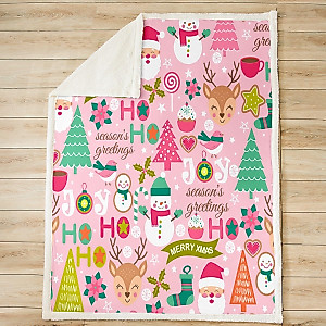 Feelyou Kids Pink Merry Christmas Fleece Throw Blanket 40"x50" Merry Christmas Tree and Snowman Sherpa Blanket for Boys Girls Xmas Plush Blanket Snowflake Holiday Plush Blanket