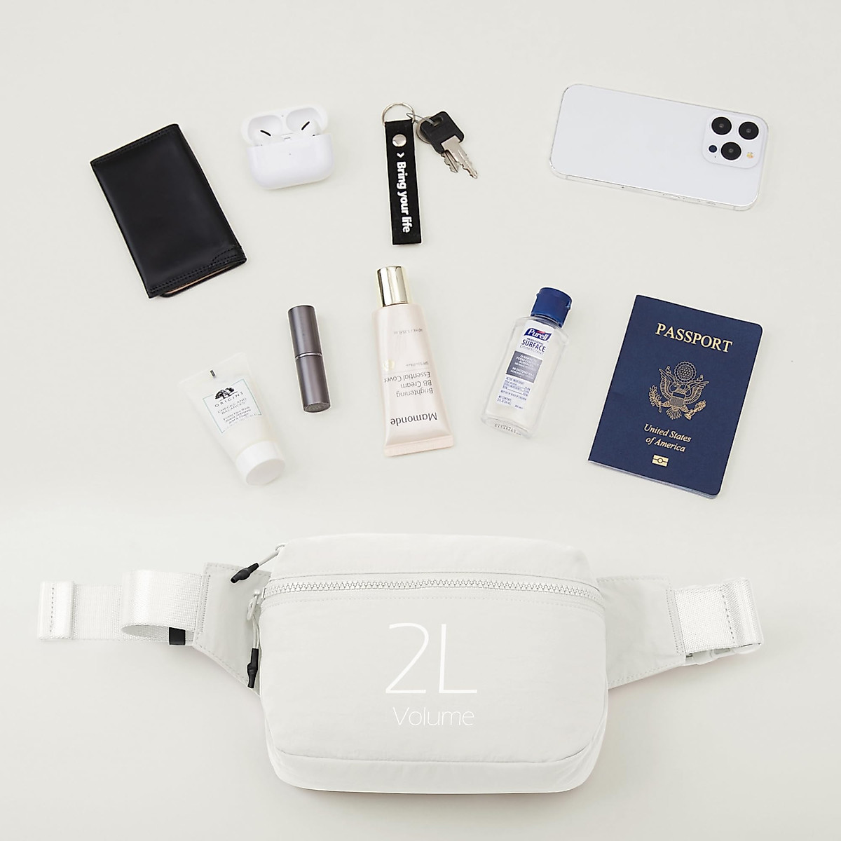 ODODOS 2L Belt Bag for Women Men, Crossbody Fanny Packs with Adjustable Strap Waist Pouch for Workout Hiking Running Travel, White