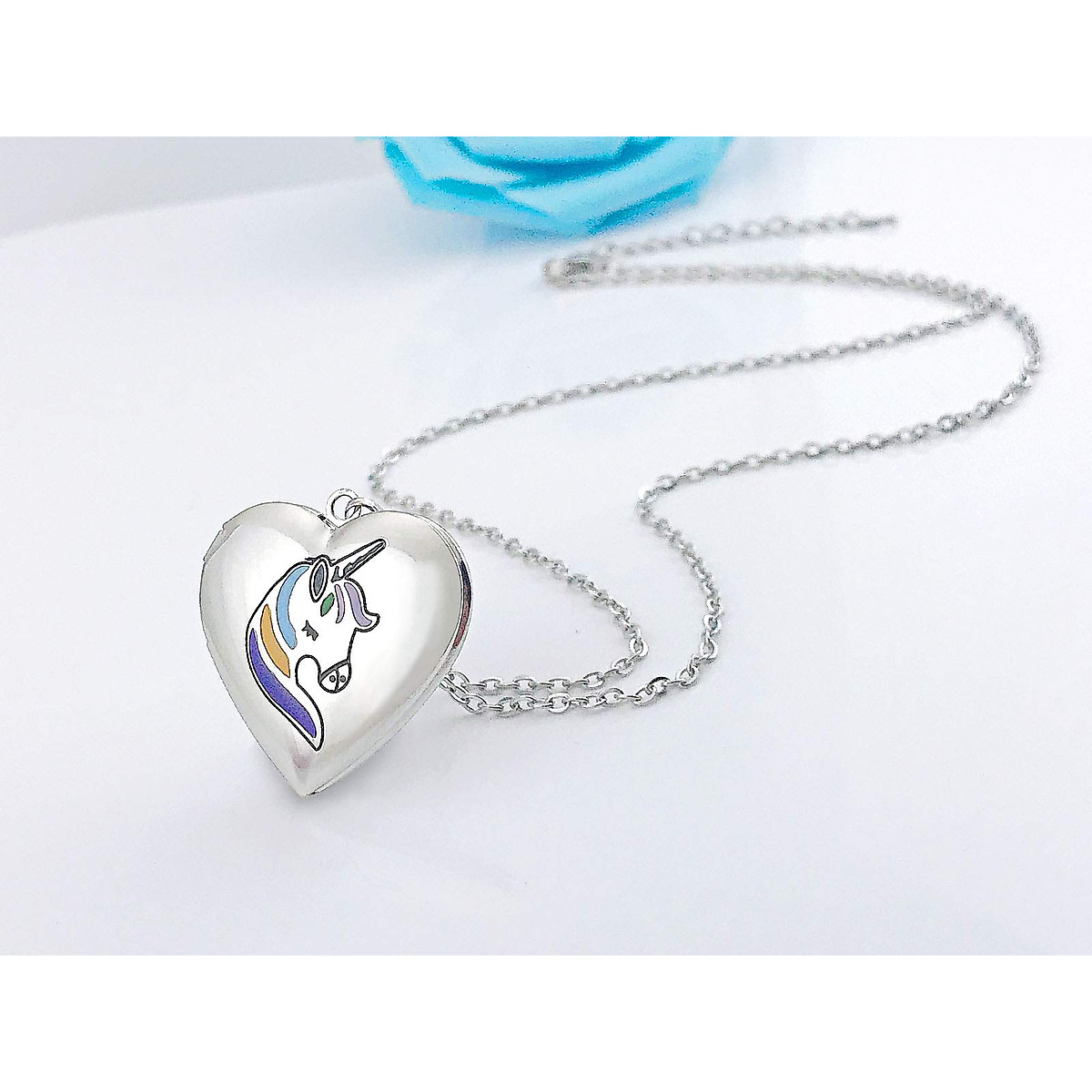 YOUFENG Unicorns Gifts for Her Love Heart Locket Necklace that Holds Pictures Enamel Locket Pendant Gifts for Women