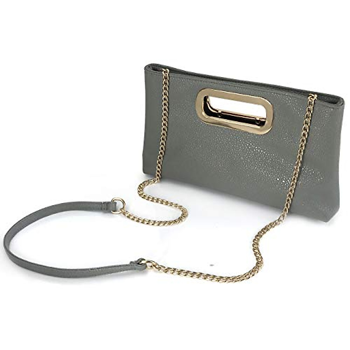 Women Glossy Patent Leather Clutch Cut Out Metal Handle Chain Shoulder Handbag (Grey)
