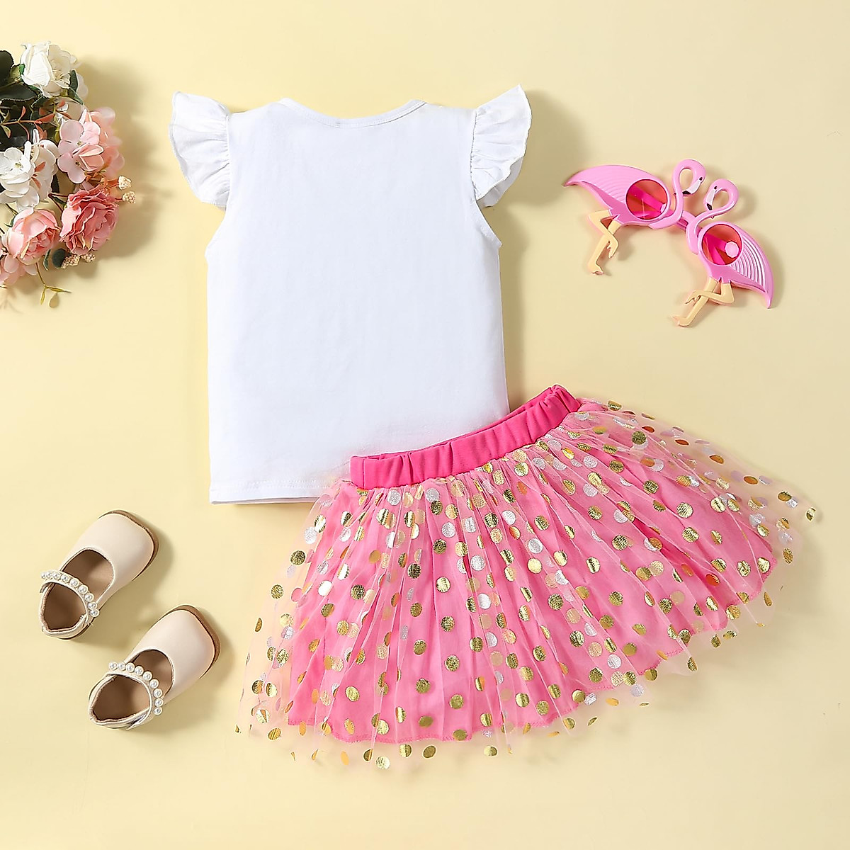 Toddler Kids Baby Girls Birthday Princess Party Outfits Dress Ruffle Tshirt Sleeveless Vest Summer Top+ Sequins Polka Dot Mesh Tutu Skirt 2PCS