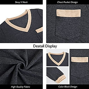 Dyexces Womens Long Sleeve T Shirts Casual V Neck Color Block Tunic Tops Loose Basic Top Lake Green