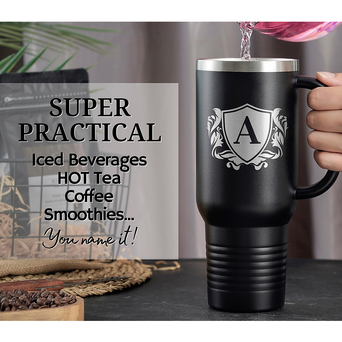 Onebttl Personalized 40 oz Tumbler with Handle and Straw, Monogrammed Travel Cup for Men, Custom Coffee Mugs, Unique Birthday Christmas Gifts for Men Who Have Everything, B