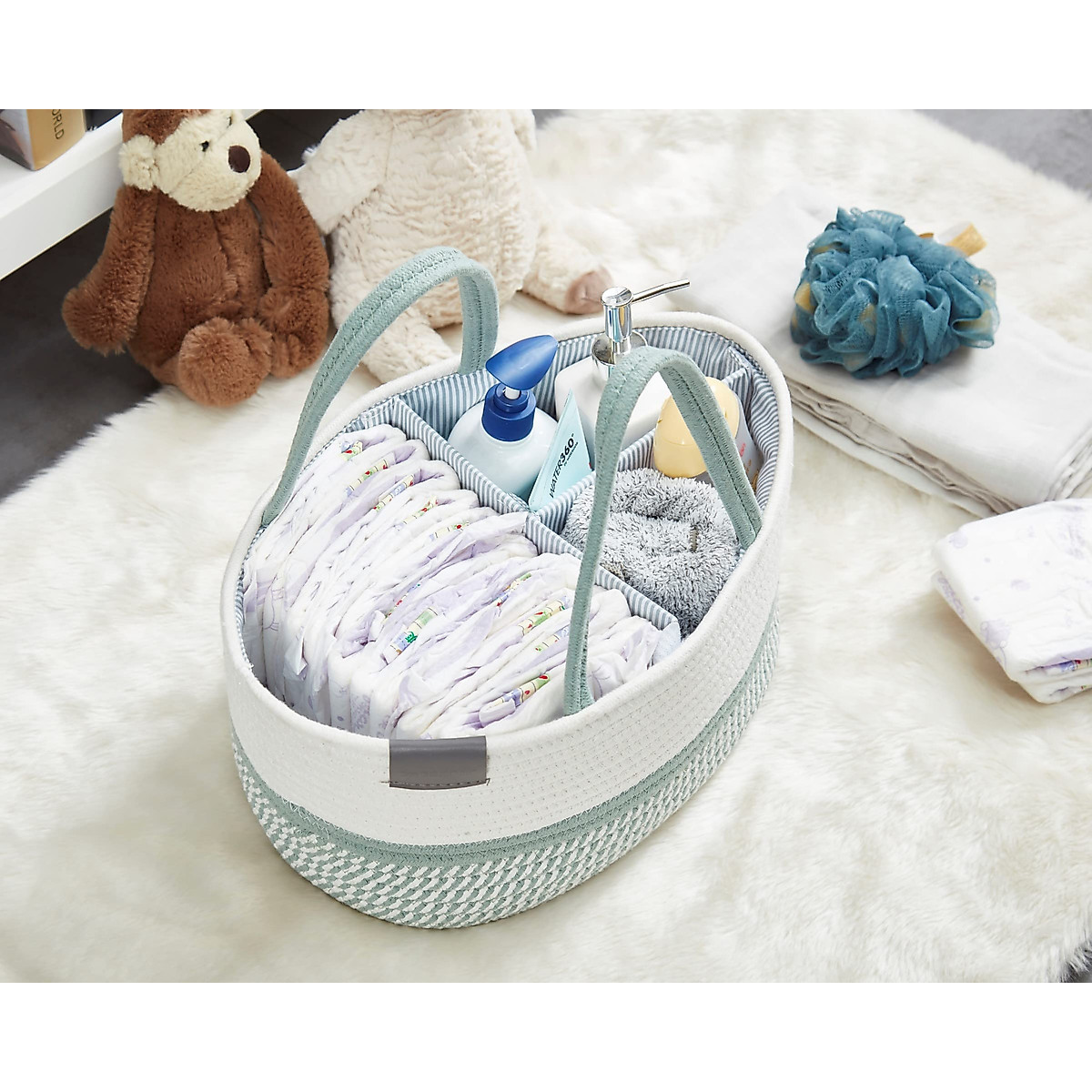 DECOMOMO Green Diaper Caddy, Nappy Caddy, Woven Baby Basket (Sage Green & White, Large)