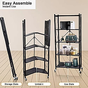 TIOPSUUO 5-Shelf Foldable Storage Shelf Unit on Wheels (No Assembly) Large Capacity Shelving Unit Steel for Kitchen, Garage, Basement, Pantry，Heavy Duty Steel Shelving Organizer Rack
