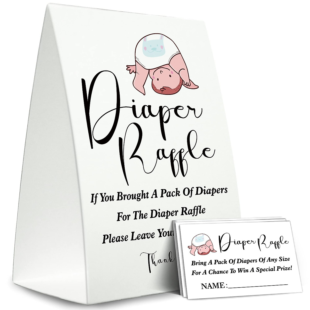 Diaper Raffle Sign,Diaper Raffle Baby Shower Game Kit (1 Standing Sign + 50 Guessing Cards),Baby Showers Decorations,Card for Baby Shower Game to Bring a Pack of Diapers-XN23