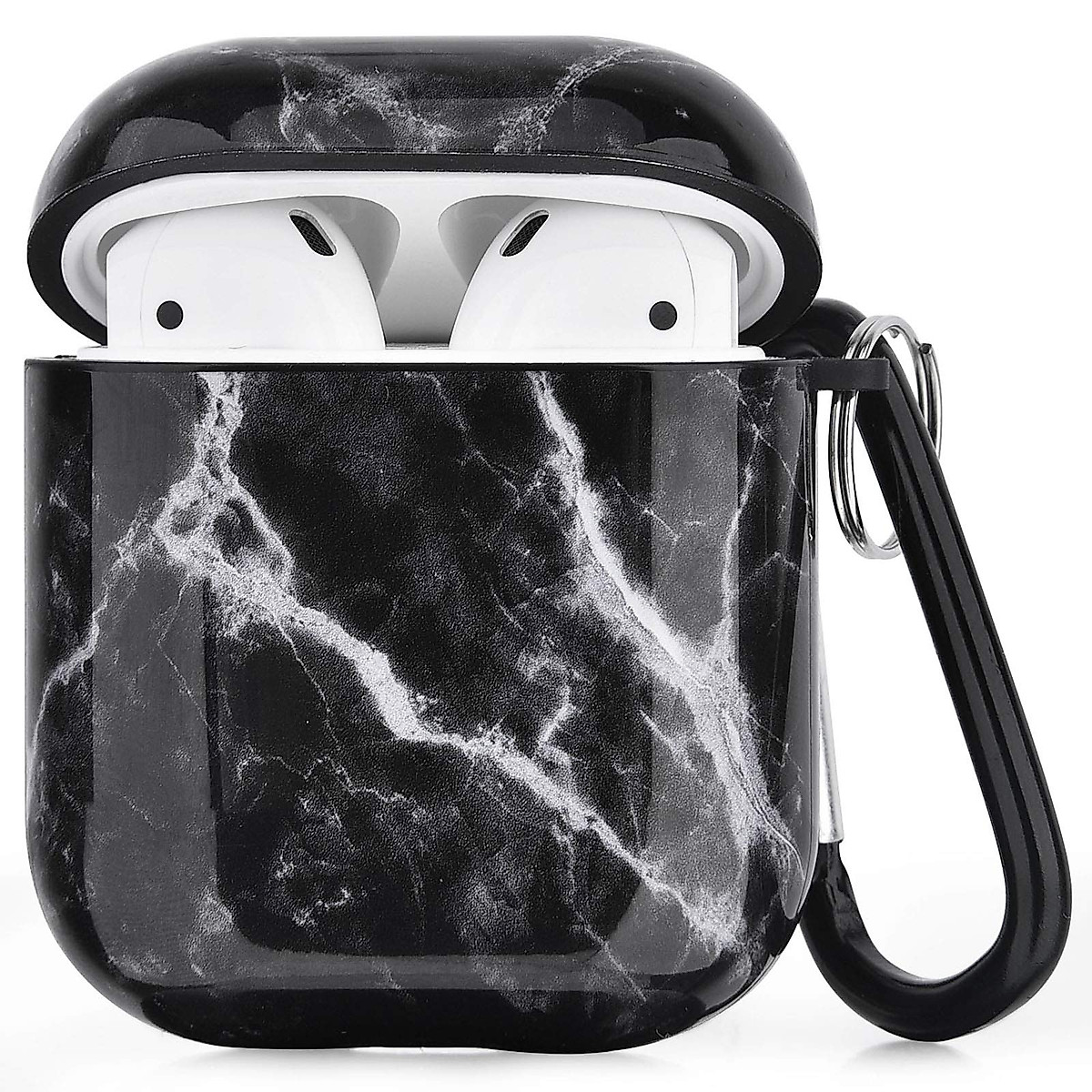 CAGOS for Airpod Case, Cute Marble Protective Hard Cover with Keychain Compatible with Apple Airpods 2nd/1st Generation Case for Women Men, Black