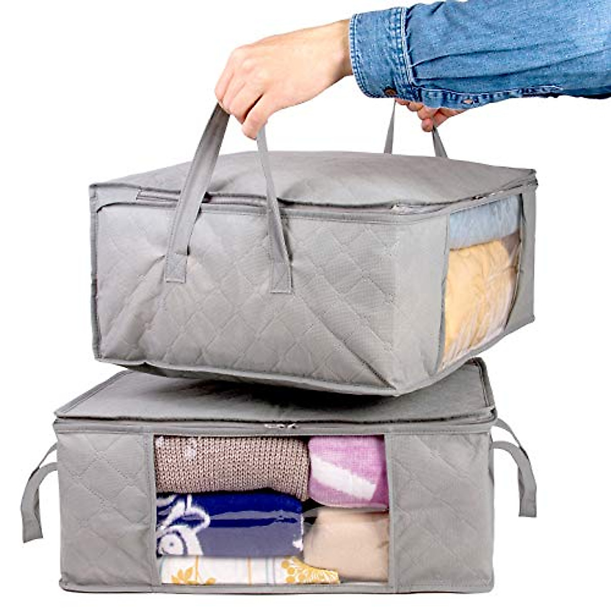 Ecomigo Foldable Storage Bag Organizers - Large Clear Window, Reinforced Carry Handles, Sturdy Zipper - Perfect for Clothes, Blankets, Bedrooms, Closets and More (3-Pack, Gray)