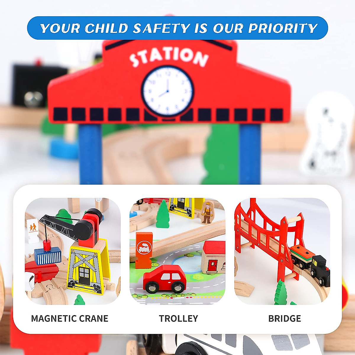 Joqutoys Wooden Train Set, 100 Pieces Toy Train Set for Toddlers 3+ Years Old, Train Tracks Toys with Tower Crane & Suspension Bridge, Fits All Major Brands