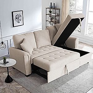 Melpomene Upholstered Sectional Sofa Couch, Convertible Pull Out Bed Sleeper Sofa with Storage 3 Seater L Shaped Couch with 2 Pillows,Linen Fabric Corner Sofa for Living Room(Beige)