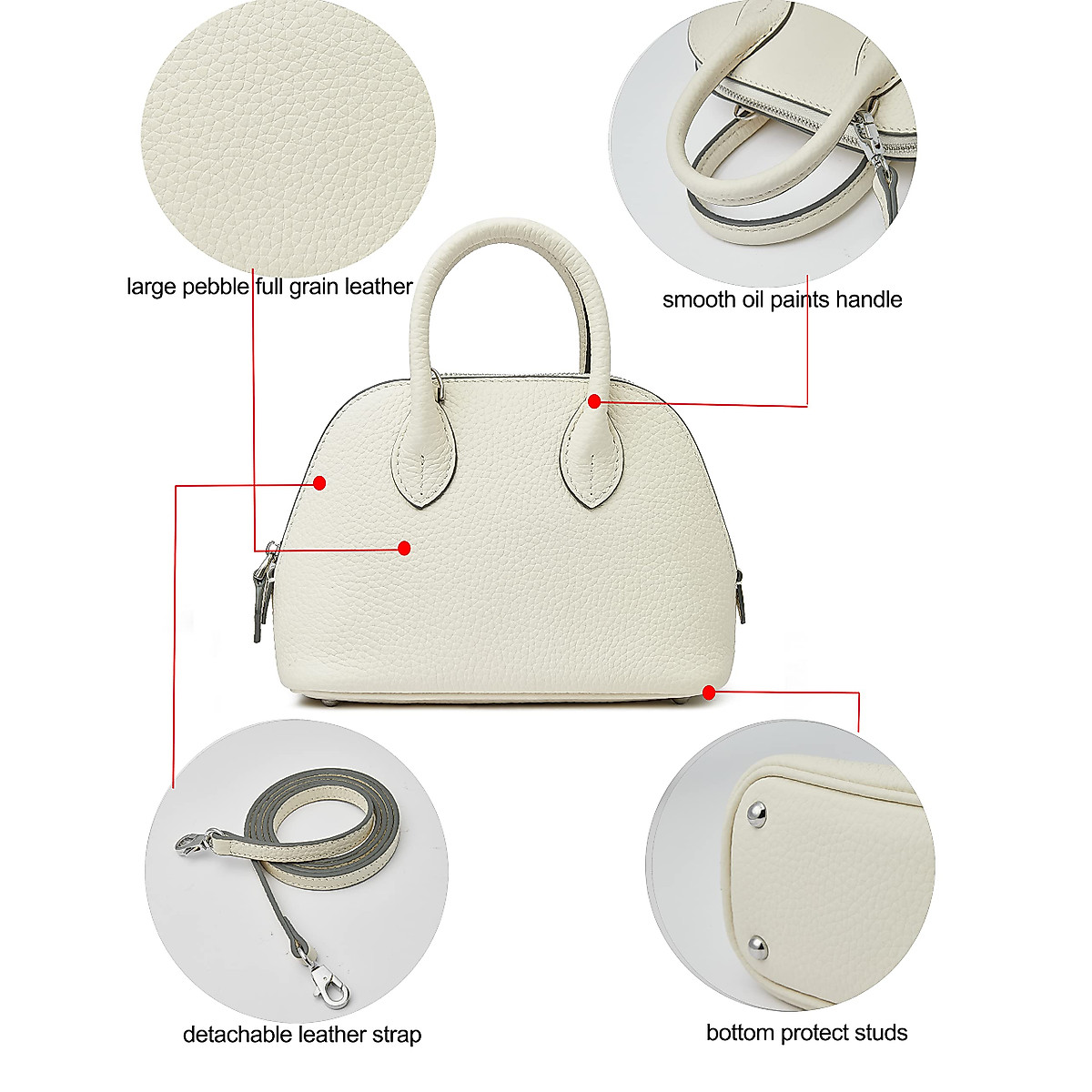 DORIS&JACKY Small Leather Dome Crossbody Bag Cute Shell Shape Zip Around Handbags (2-Off White)