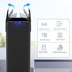 18.5/21.1 Gallon Automatic Trash Can, Stainless Steel Motion Sensor garbage bin, Smart Trash Can W/ Butterfly Lid, Bag Retainer Ring and Display Light for Living Room,Kitchen,Office (Black, 80L)