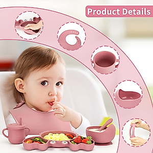 Puxdiauk Baby Feeding Set,6 Pcs Silicone Toddler Plates and Bowls Set with Suction Bowl Crab Divided Plate Adjustable Bibs Spoon Fork Cup with handle, Sturdy and BPA Free for Toddler Kid, Dark Pink