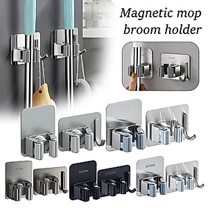 Generic Magnetic Mop Broom Holder,Movable Magnetic Broom Holder Rack,Anti-Slip Magnetic Mounted Utility Storage Mop Shovel Hanger,for Garage Kitchen Laundry Storage and Organization, Black-h