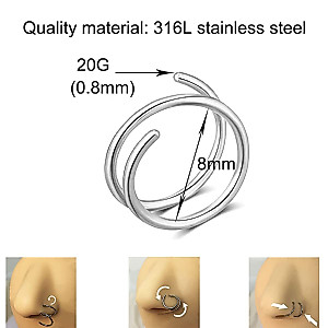 YCL&TXL Double Hoop Nose Ring for Women Surgical Steel Spiral Nose Ring Hoop for Women Nose Piercing Jewelry 8mm (Black,silver)