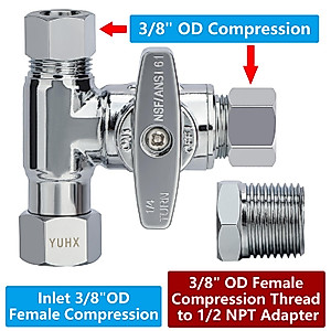 YUHX Brass Angle Stop Add-A-Tee Valve for TOTO Washlet Bidet and Handheld Sprayer, 3/8 Inch Compression Shut Off 3 Way Diverter Connector, 3/8"x3/8"x3/8" or 1/2" Toilet T Adapter