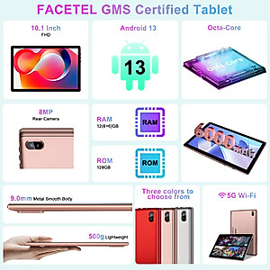 Tablet 10 inch Android 13 Tablet Octa-Core 2.0 GHz with 12GB RAM 128GB ROM, 5G WiFi, 6000mAh, HD IPS Touchscreen, Bluetooth 5.0, 1280 * 800, 5+8 MP 2 in 1 Tablet with Keyboard and Mouse - Rose