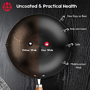 WANGYUANJI Carbon Steel Wok Pan, 12" Woks and Stir Fry Pans with Lid,No Chemical Coated Iron Wok for Induction, Electric, Gas, Halogen All Stoves-Practical Gift Iron Wok