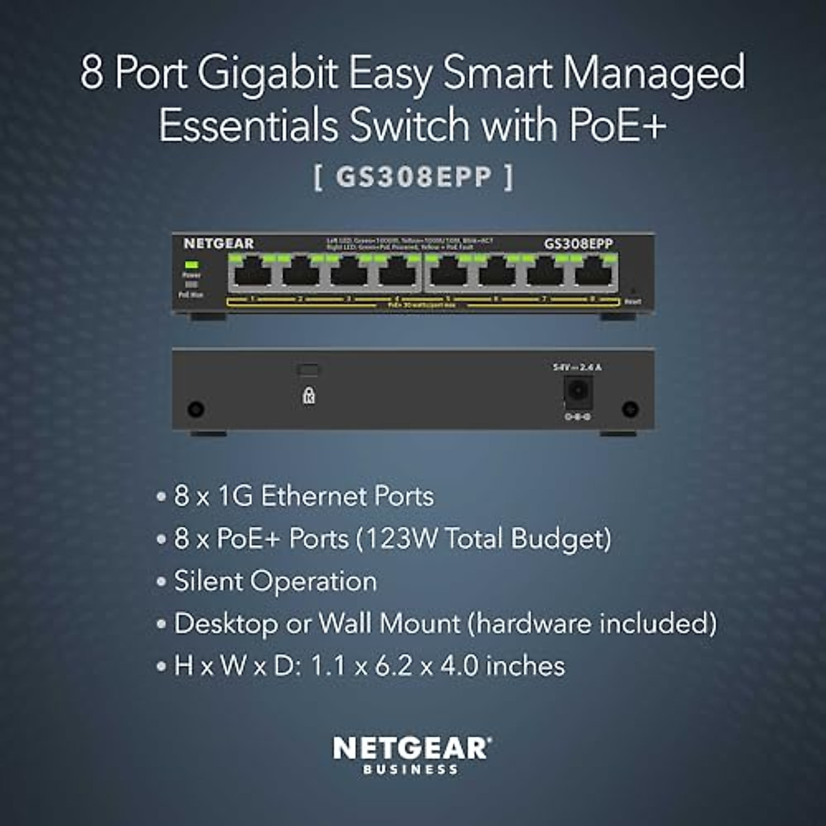 NETGEAR 8 Port PoE Gigabit Ethernet Plus Switch (GS308EPP) - with 8 x PoE+ @ 123W, Desktop or Wall Mount