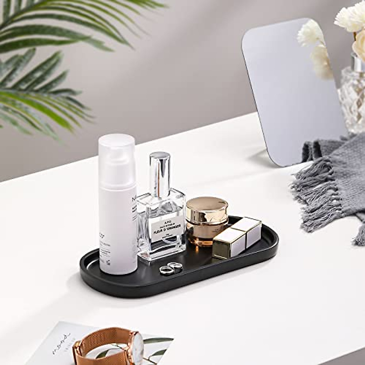 Luxspire Bathroom Vanity Tray, Handmade Resin Kitchen Sink Tray, Oval Toilet Tank Tray, Bathroom Countertop Organizer Tray for Jewelry/Perfume/Soap Dispenser/Hand Towel - 9.8 Inch, Matte Black