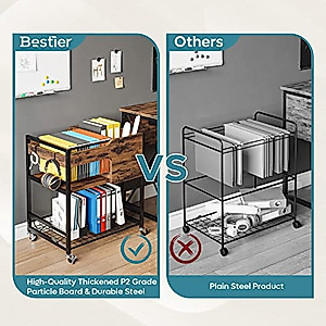 Bestier Rolling File Cart with Wheels Hanging Files, Legal & Letter Size Mobile Office File Organizer Cart with Open Storage Shelves and 2 Hooks (Rustic Brown, 16" D x 24" W x 27" H)