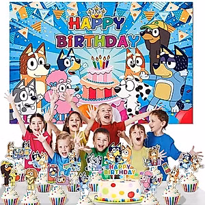 LIT-DAWN 25PCS Blue Dog Cake Cupcake Topper Decorations Cartoon Dog Happy Birthday Party Supplies for Kids Party Favors