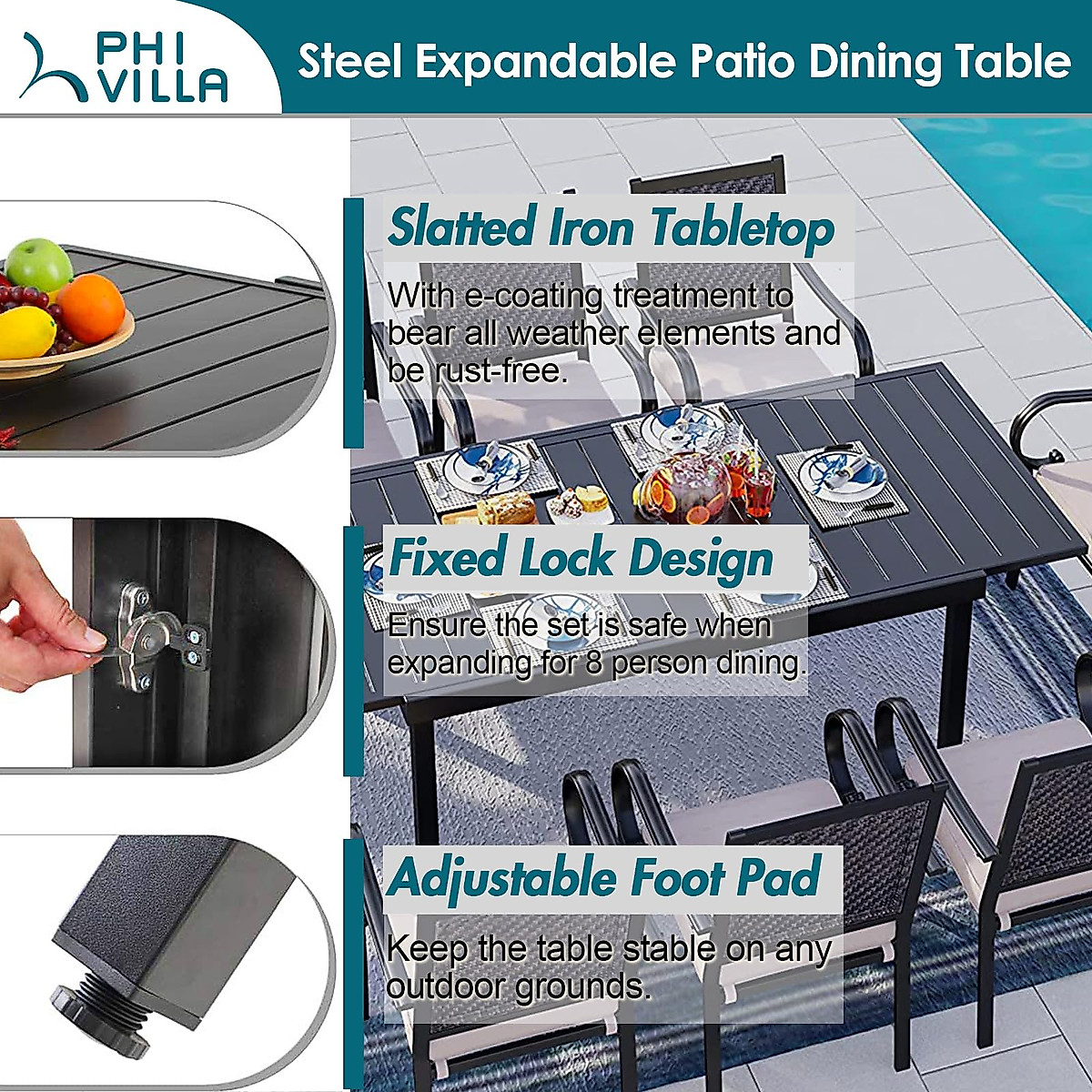 PHI VILLA 9 Piece Outdoor Extendable Dining Set for 8, Expandable Rectangular Metal Dining Table & 8 Rattan Chairs for Patio, Deck, Yard