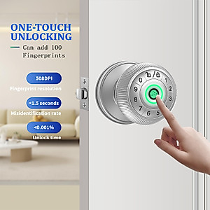 Fingerprint Door Lock,Smart Door Knob,biometric lock, keypad entry,keyless handle.Ideal for bedroom,home,hotel,office,apartment.Enhances security & convenience. (Silvery)